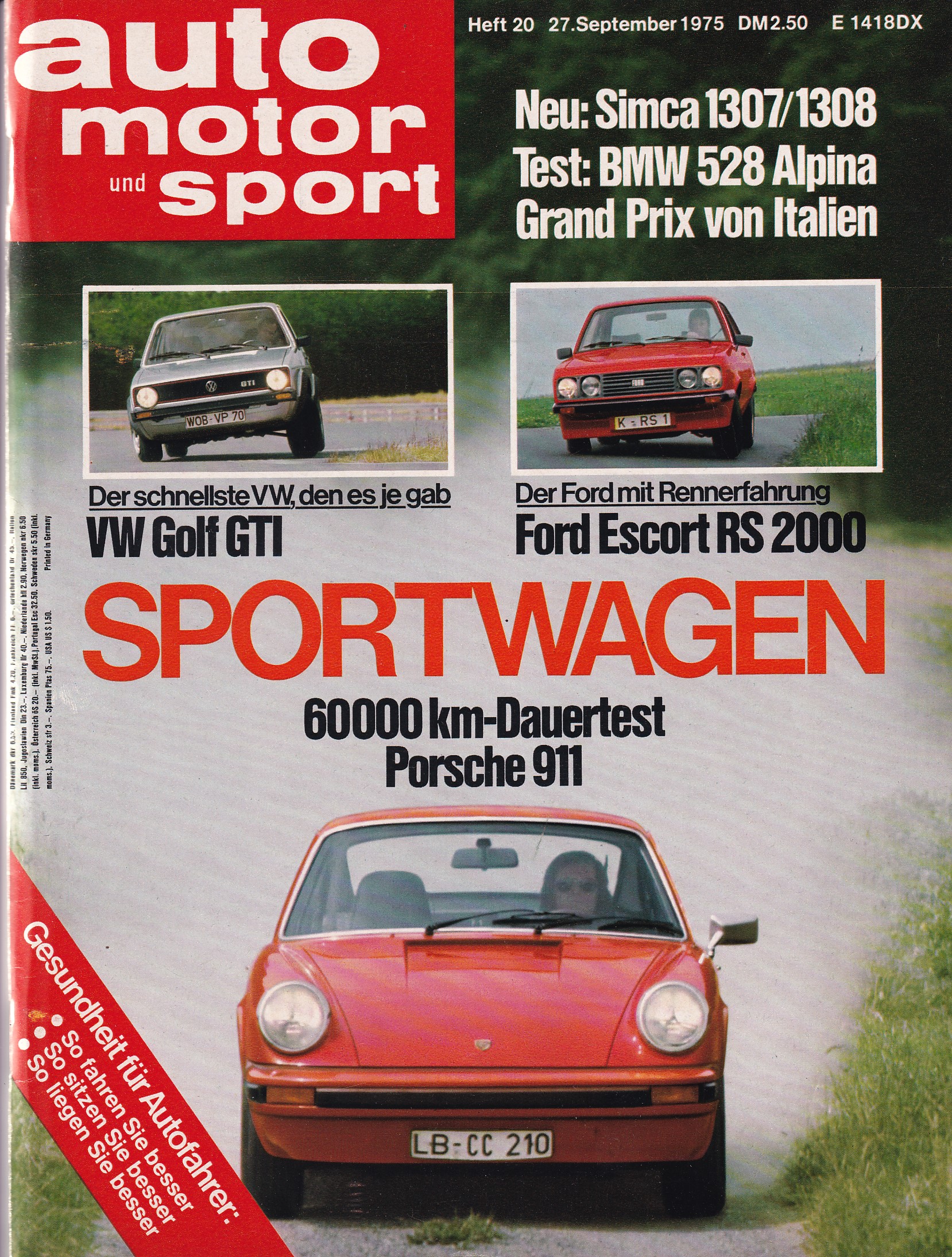 Auto Motor und Sport 1975 Heft 20 - 27.09.1975 - VW Golf GTI, Porsche 911, BMW 528 Alpina ...